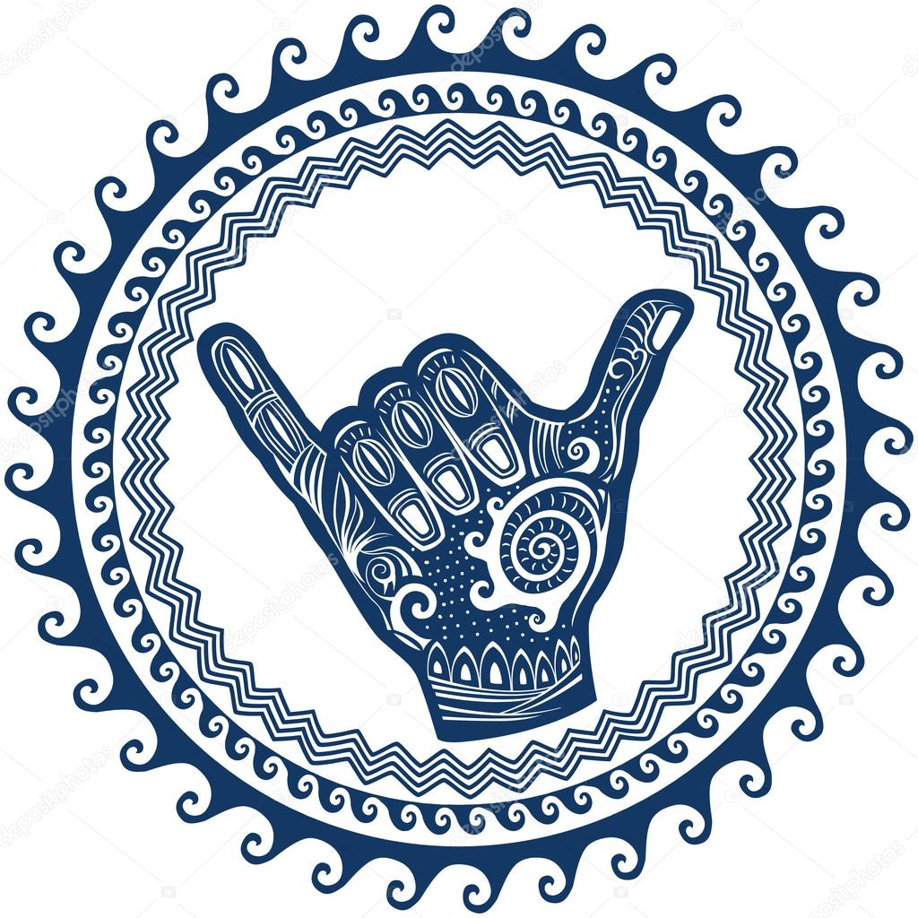 Shaka hand sign in round wave ornament — Stock Vector © wikki33 #121226346