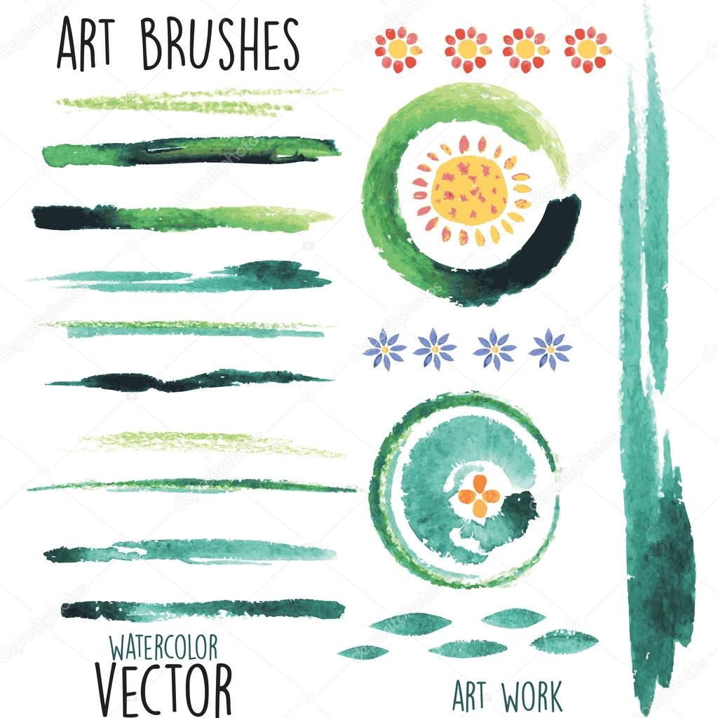 Vector watercolor green brushes and floral elements Stock Vector by ...