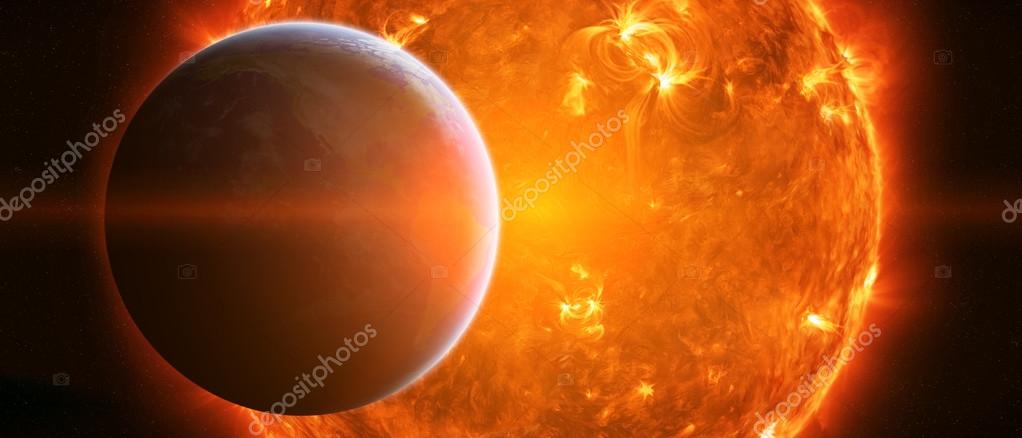 Exploding sun in space close to planet Earth — Stock Photo © sdecoret ...