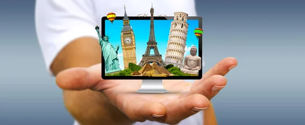 Man travelling the world with his computer - Stock Image - Everypixel
