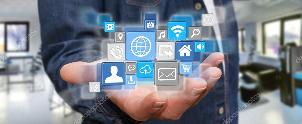 Businessman using modern digital icon application Stock Photo by ...