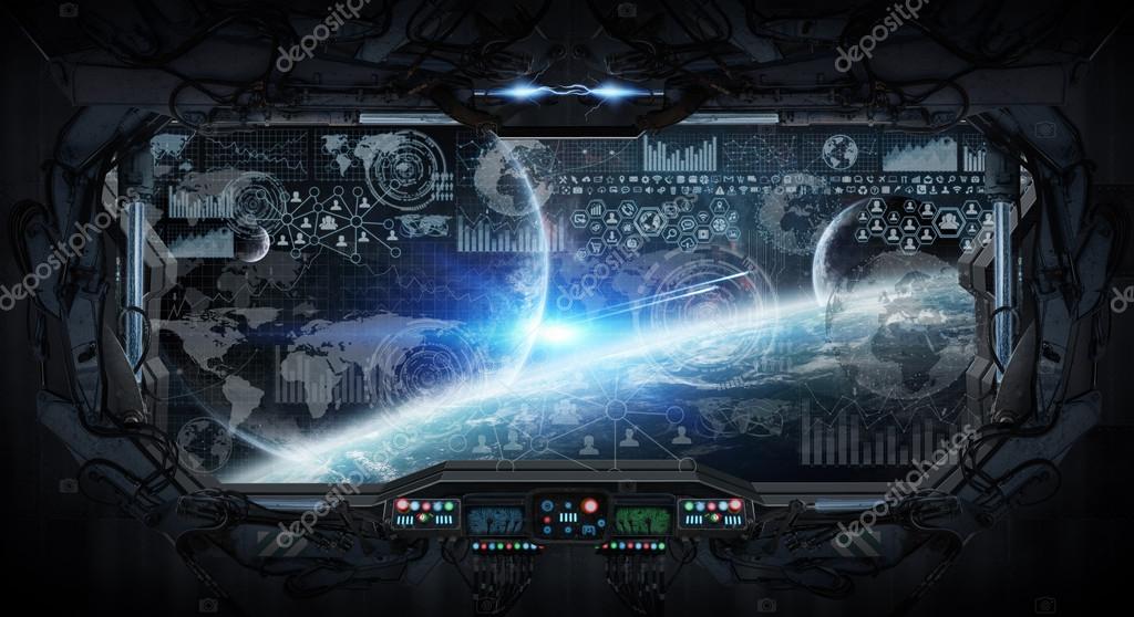 Window view of space and planets from a space station Stock Photo by ...