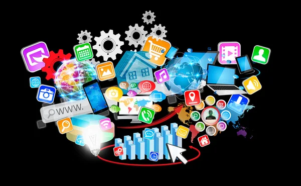 Tech devices and charts connected to each other — Stock Photo ...