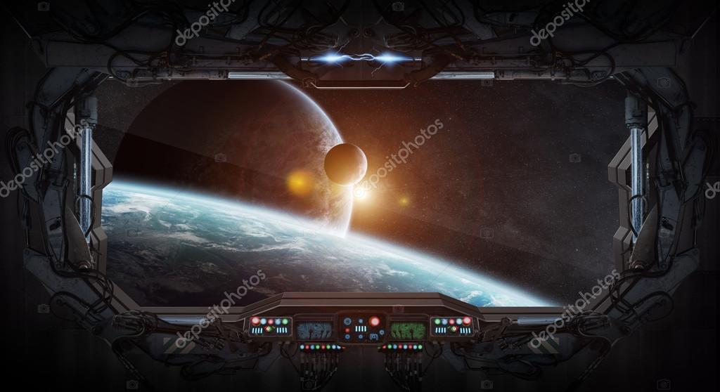 Window view of space and planets from a space station — Stock Photo ...