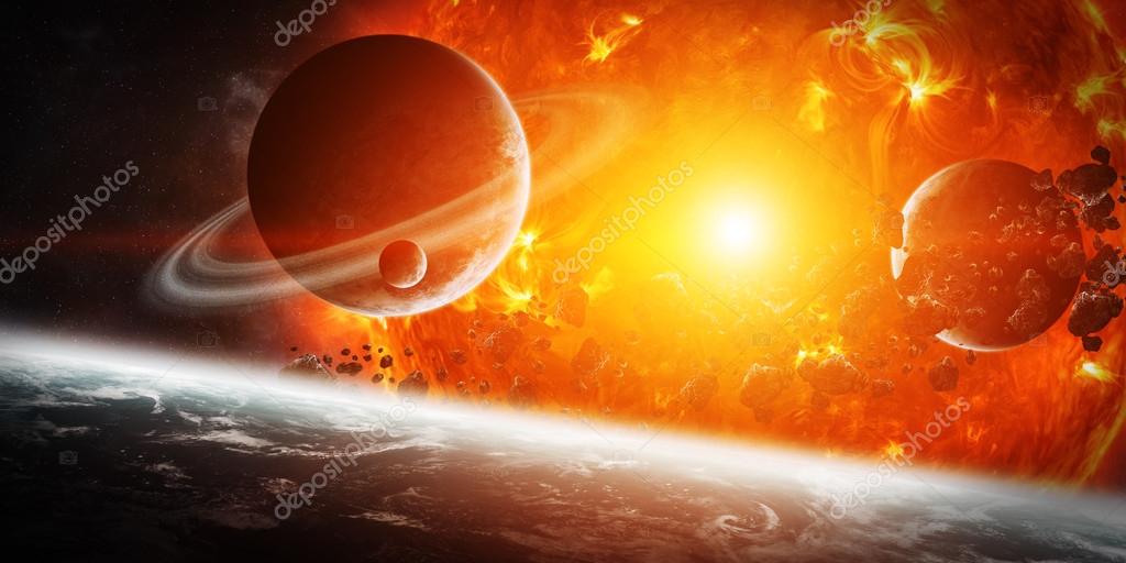 Exploding sun in space close to planet — Stock Photo © sdecoret #114729148