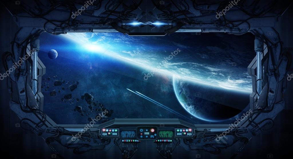 Window view of space and planets from a space station Stock Photo by ...