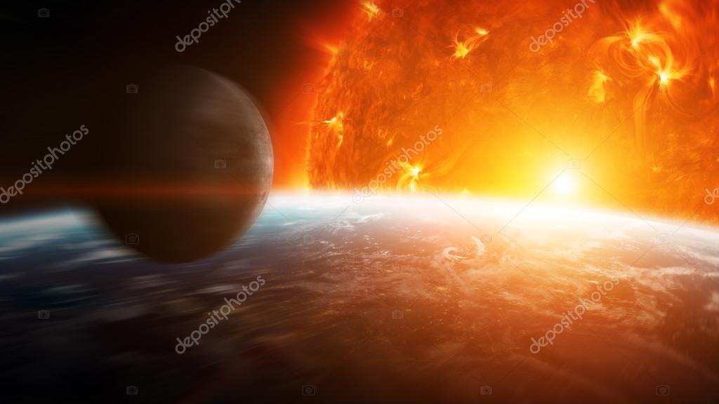 Exploding sun in space close to planet — Stock Photo © sdecoret #117862210