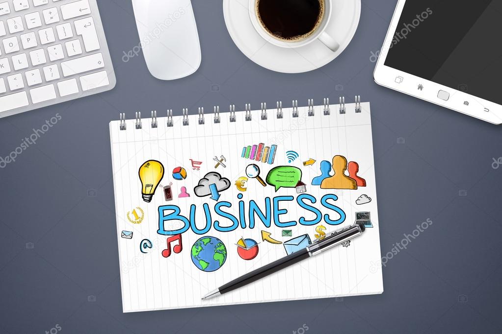Business text and icons on office background — Stock Photo © sdecoret ...