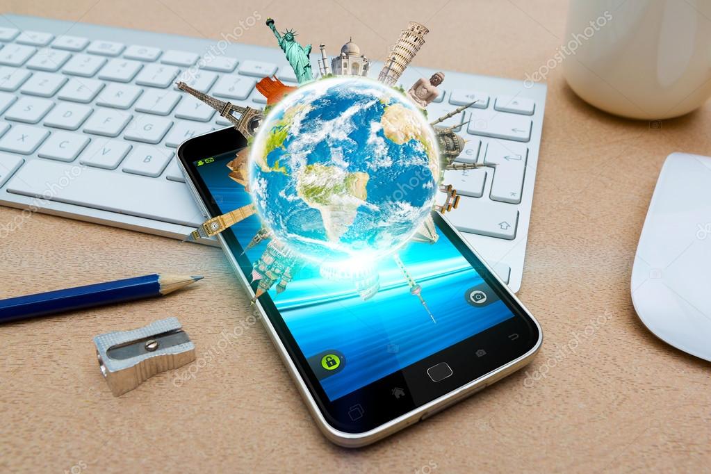Modern mobile phone with digital world landmarks — Stock Photo ...