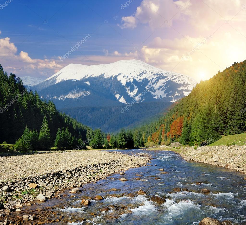 Landscape with river and mountain Stock Photo by ©VolodymyrBur 56488587