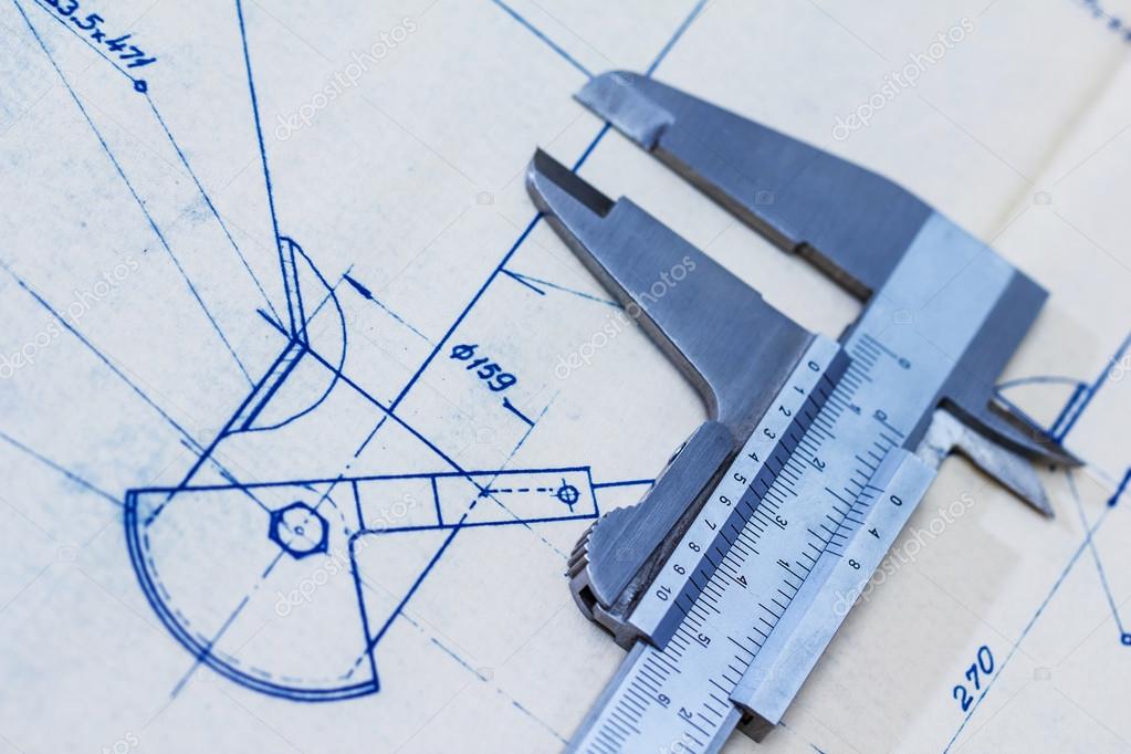 Very detailed mechanical engineering blueprint with gauge, calliper ...