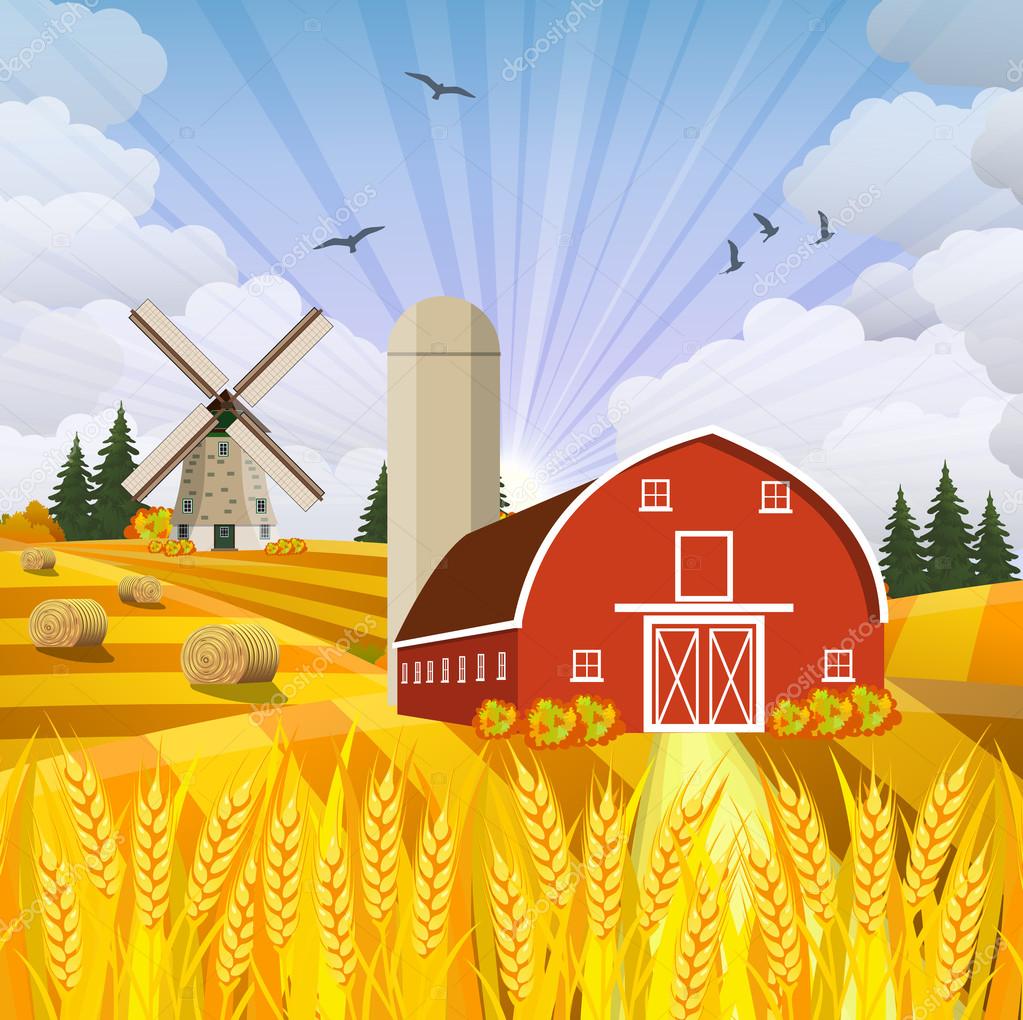 Cartoon beautiful fall farm scene — Stock Vector © drogatnev #122656920