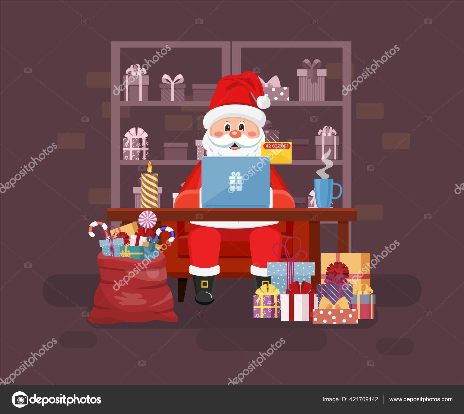 Santa Work space with Laptop Stock Vector by ©drogatnev 421709142
