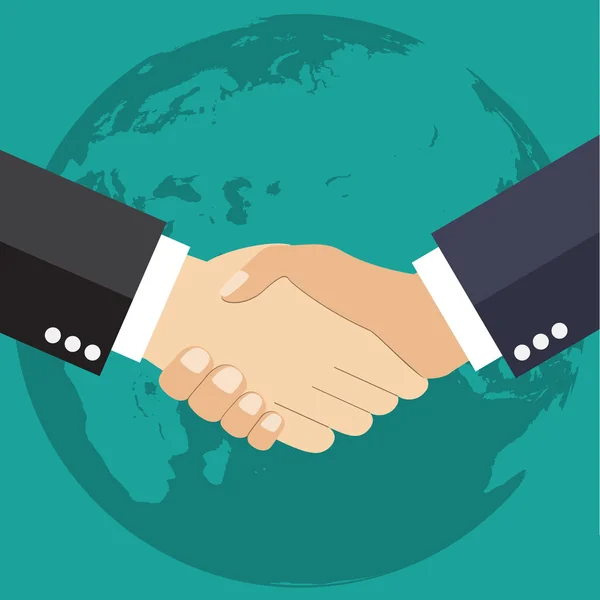 Handshake and planet Earth. World peace, global agreement ...