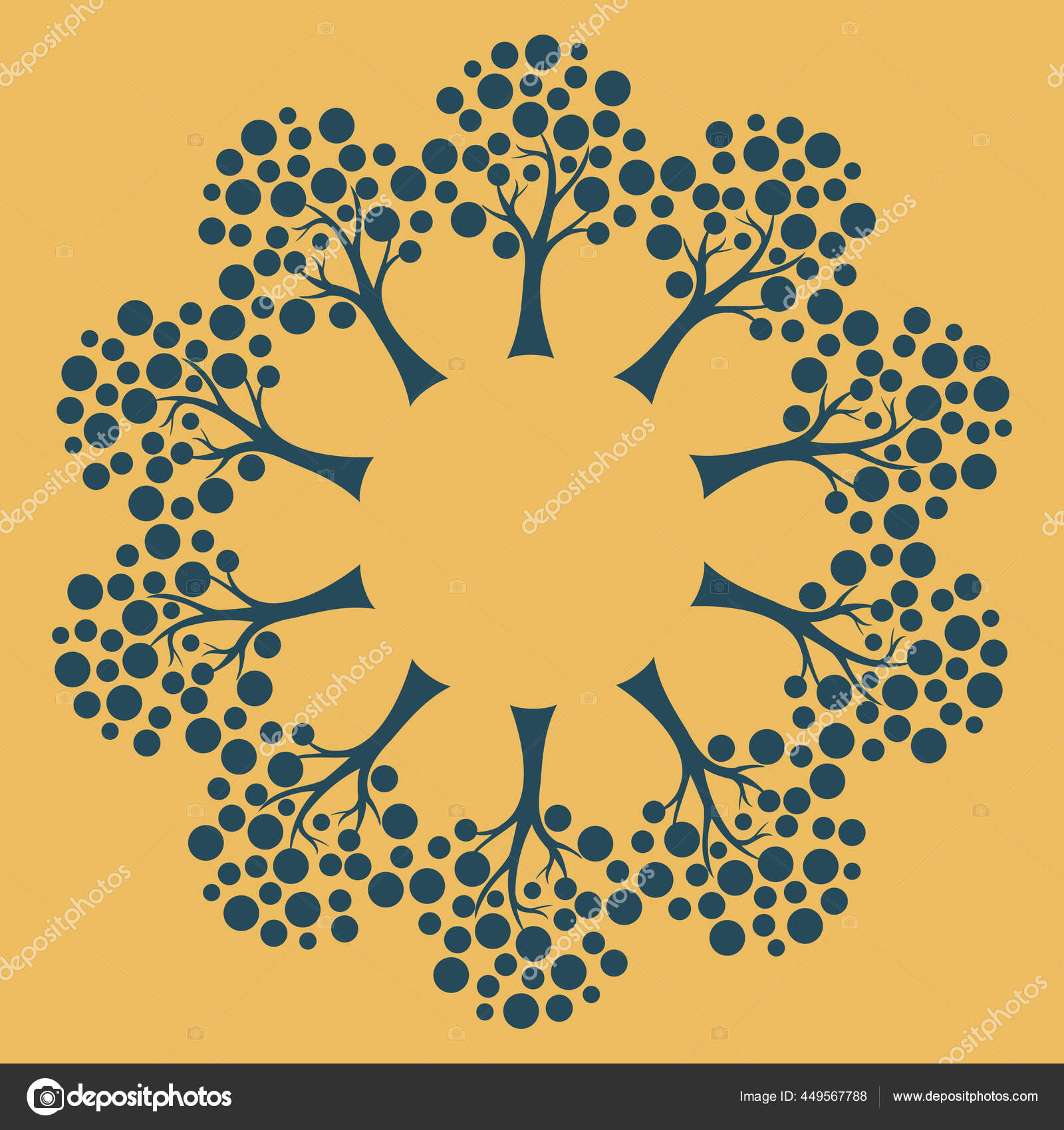 Radial Blue Tree Pattern Vector Illustration Yellow Background Stock ...
