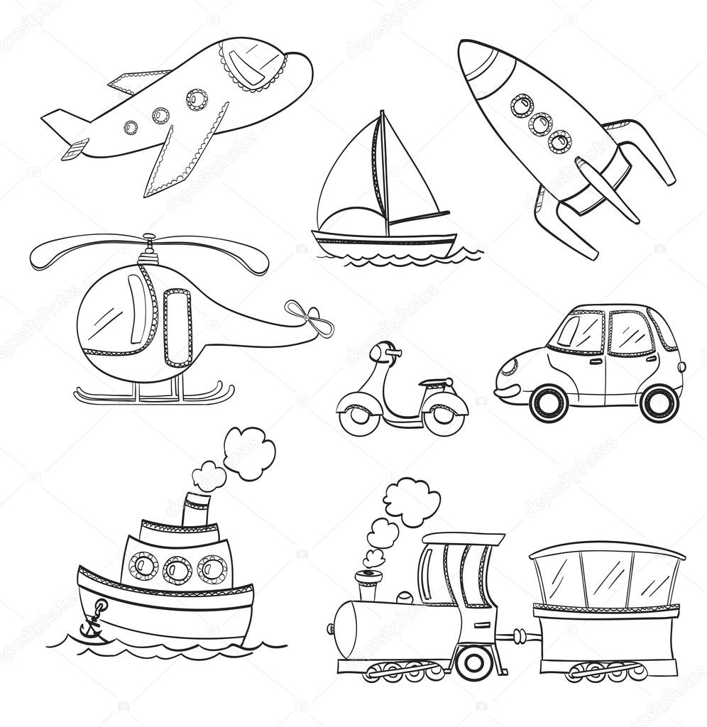 Set of doodle transport. black and white line art vector — Stock Vector ...