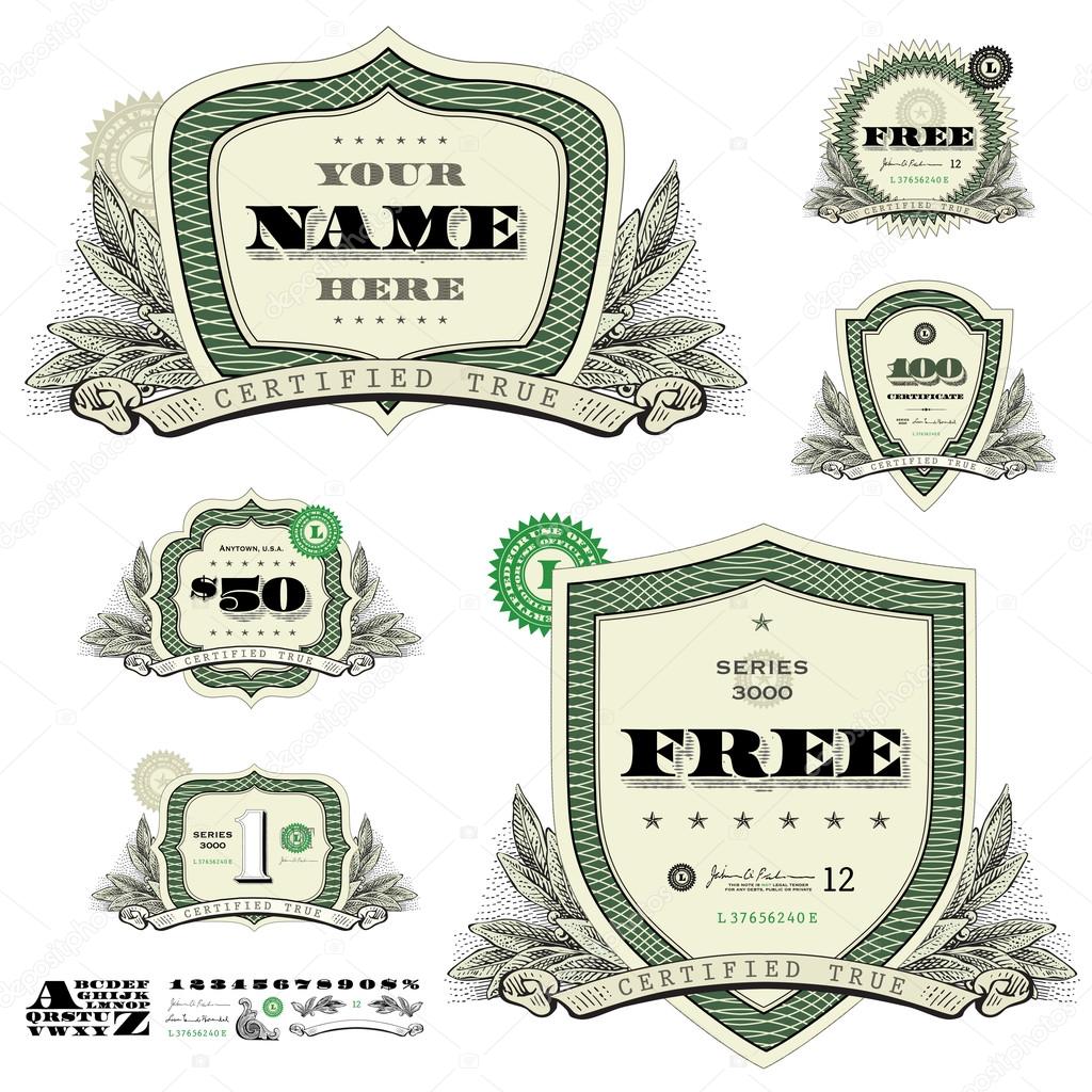Vector money badges and financial frames with leaf decorations Stock ...