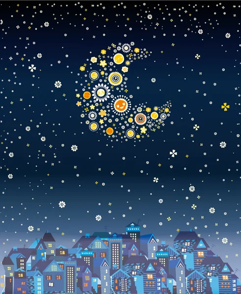 Black and white to the moon and back vector illustration. Old town, night sky, stairs to the ...