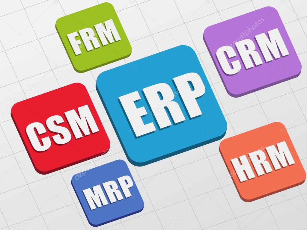 ERP, CSM, FRM, CRM, HRM, MRP in colors blocks, flat design — Stock ... ERP, CSM, FRM, CRM, HRM, MRP in colors blocks, flat design — Stock ...