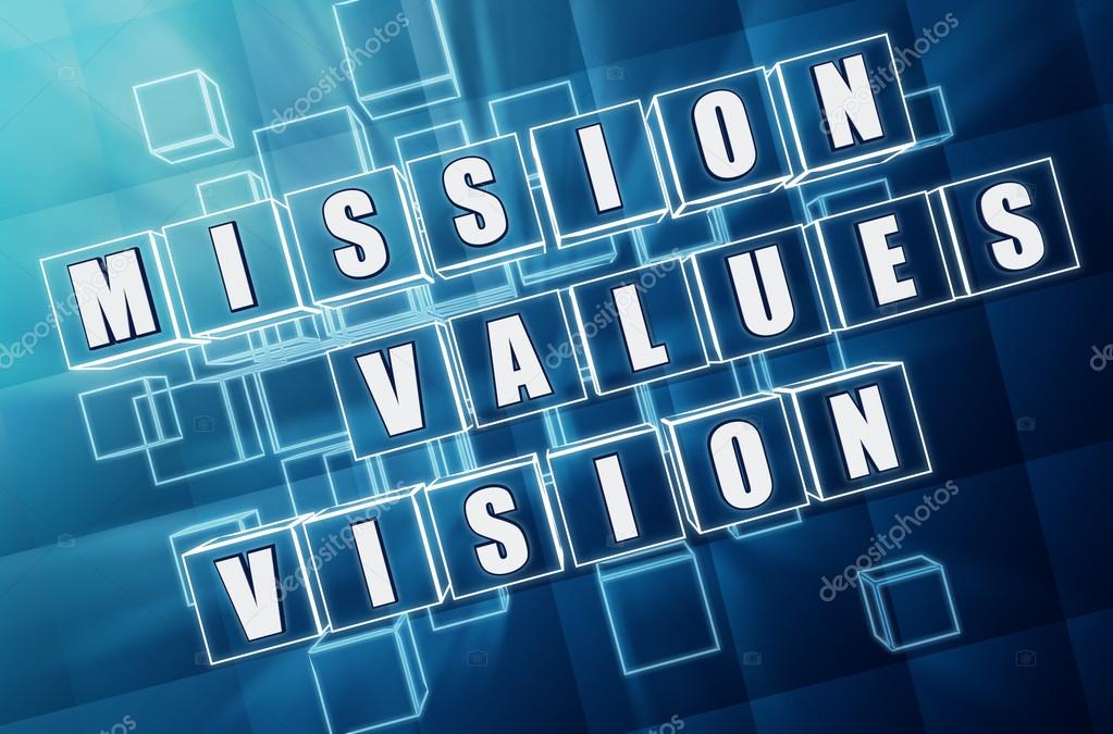 Misión, valores, visión en bloques de vidrio azul: fotografía de stock ...