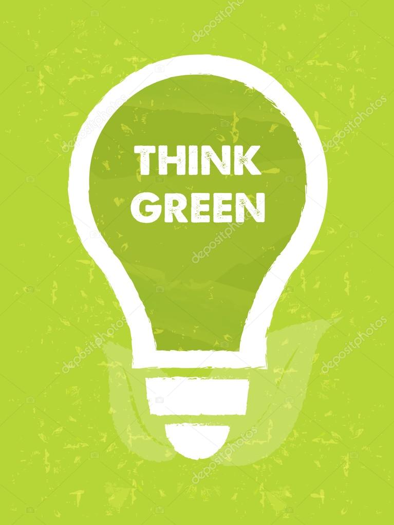 Think green in bulb symbol with leaf sign over green grunge back ...