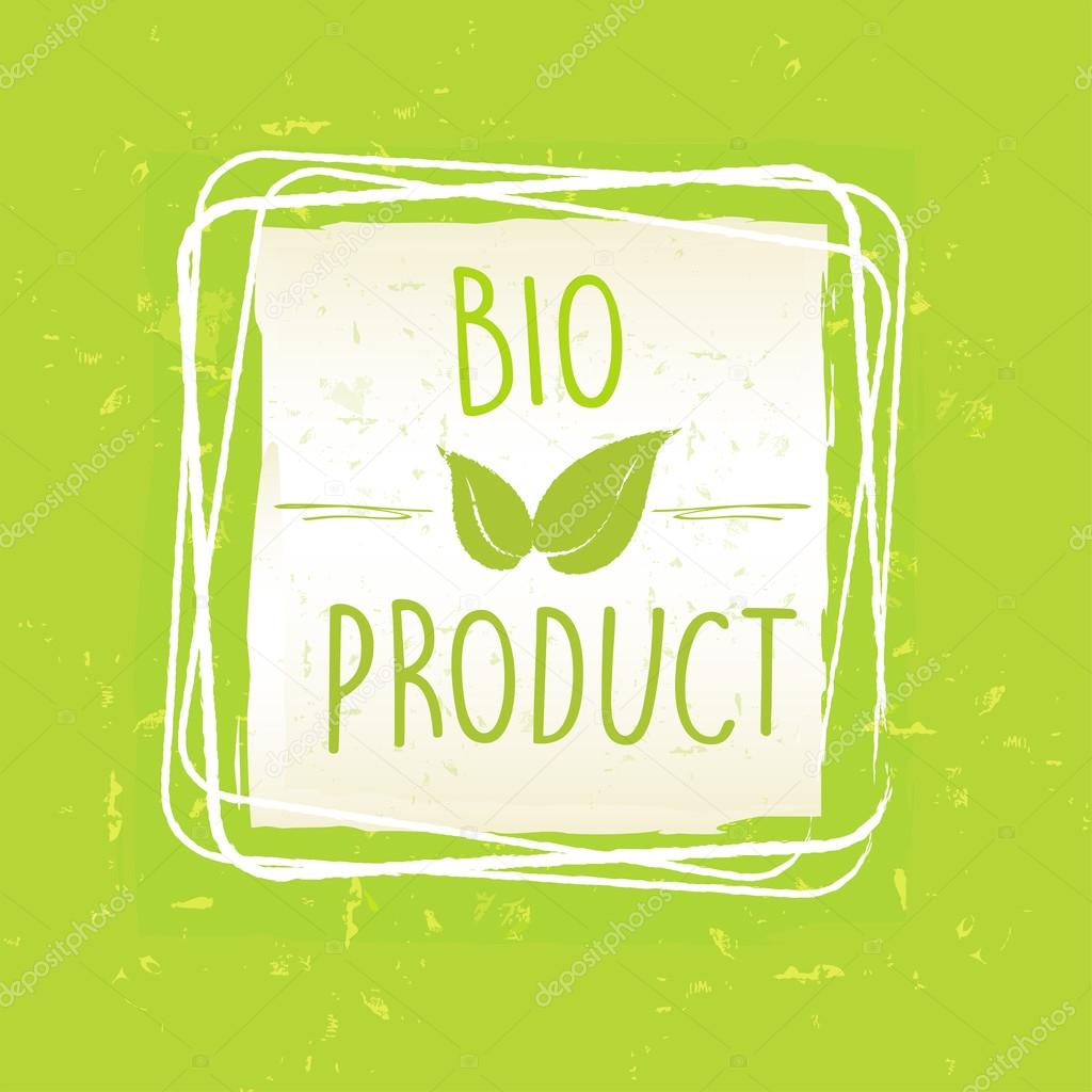 Bio product with leaf sign in frame over green old paper backgro Stock ...
