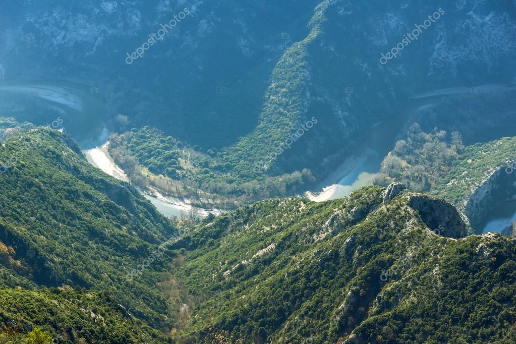 Amazing meander of Nestos Gorge near town of Xanthi, Greece Stock Photo ...