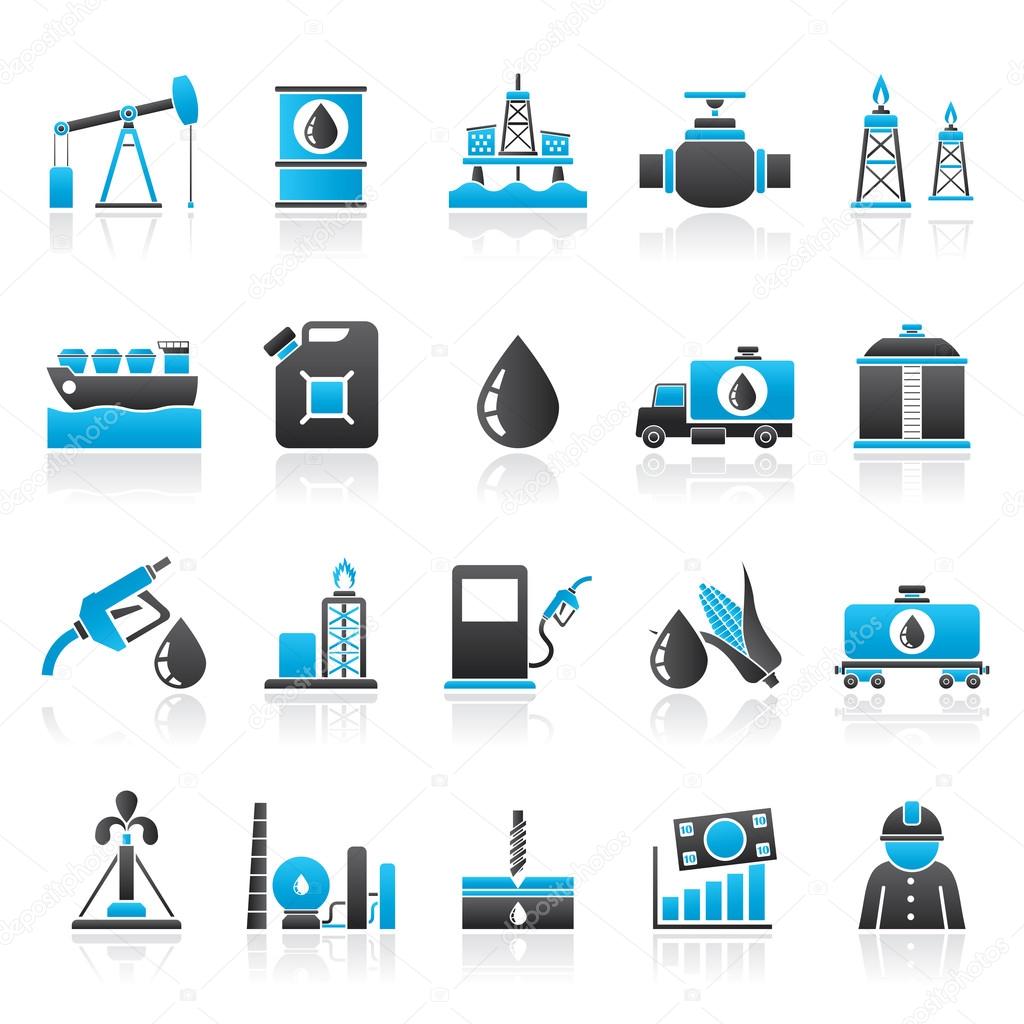 Oil industry, Gas production, transportation and storage icons Stock ...