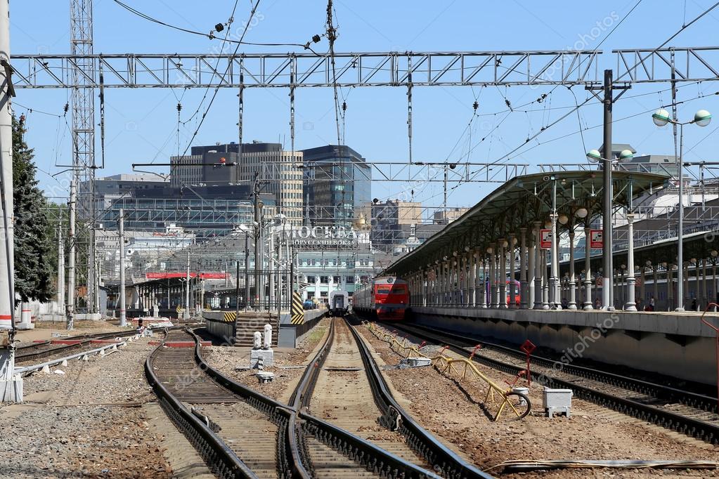 Train on Moscow passenger platform (Belorussky railway station) is one ...