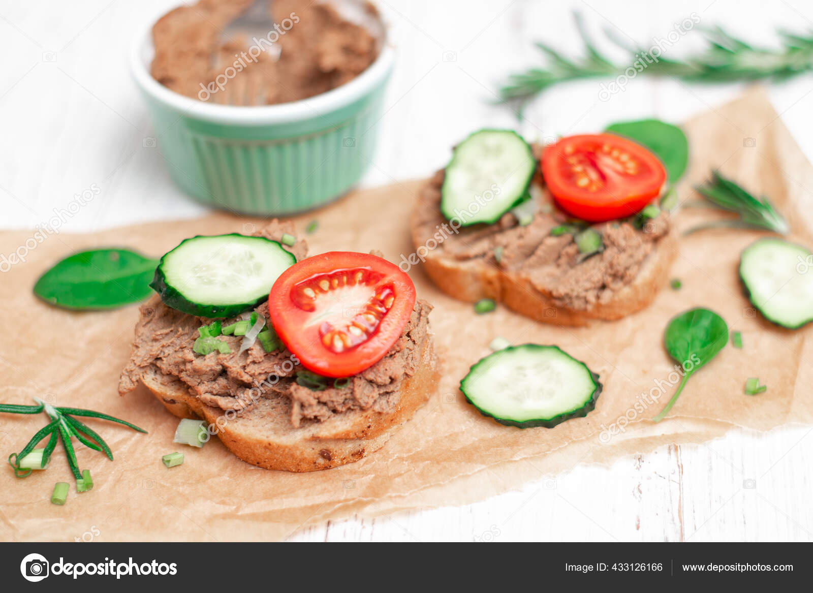 Sandwiches Canapes Chicken Pate Tomatoes Cucumbers White Wooden ...