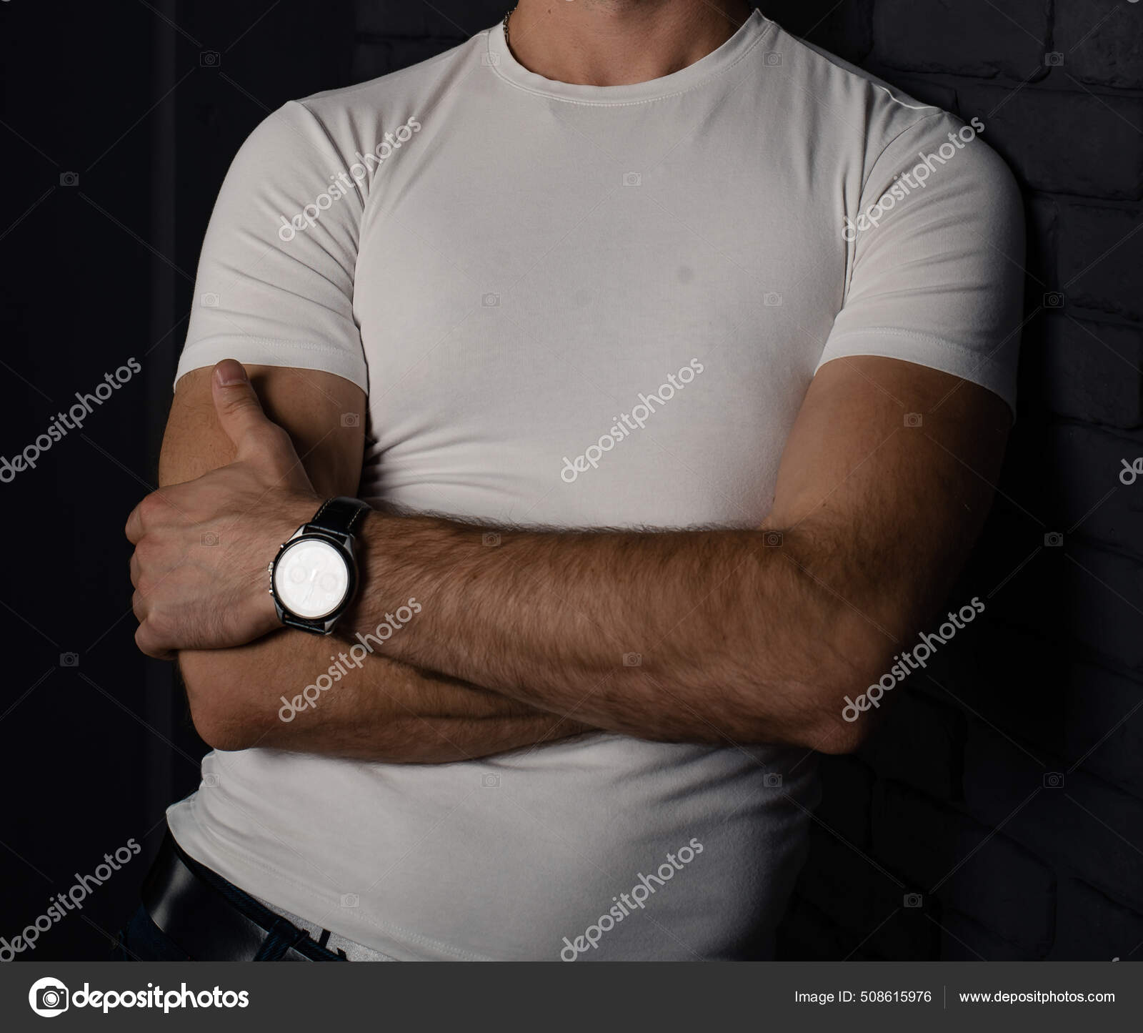 Unrecognizable Man White Shirt Watch His Hand Dark Background — Stock ...