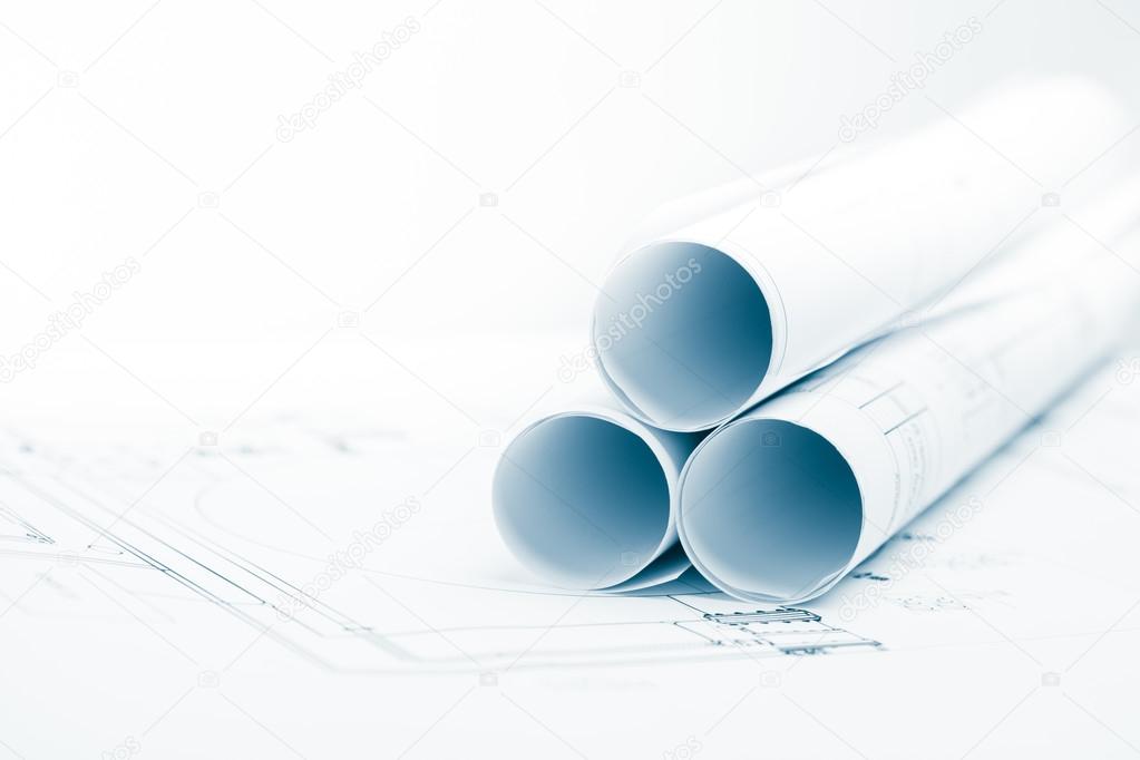 Project plan background with blueprints rolls Stock Photo by ©nikkytok ...