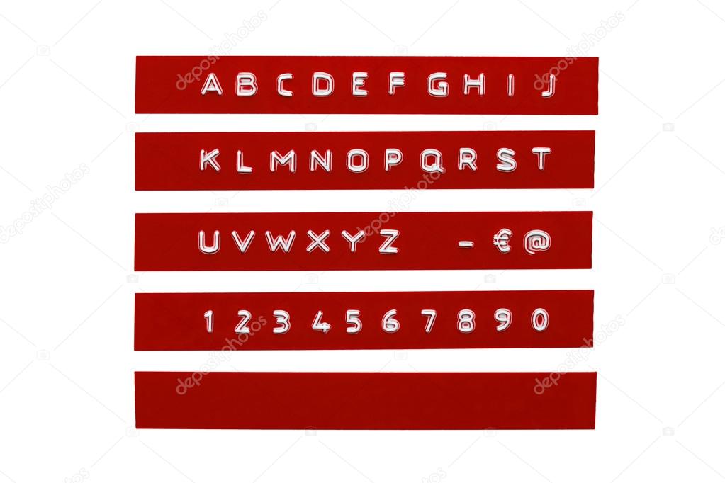 Embossed alphabet on red plastic tape — Stock Photo © nikkytok #83519002