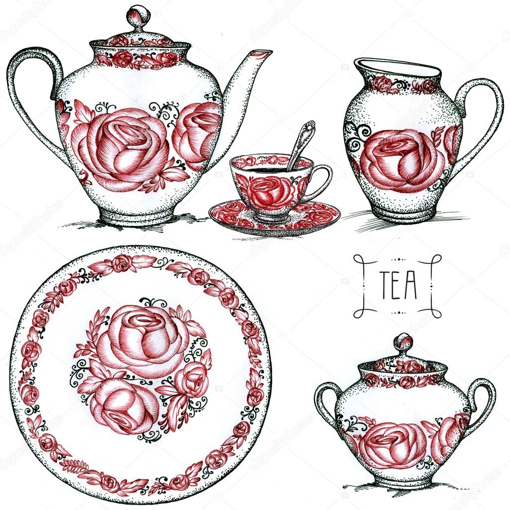 Tea set of art drawings Stock Illustration by ©Ola-Ola #102708766