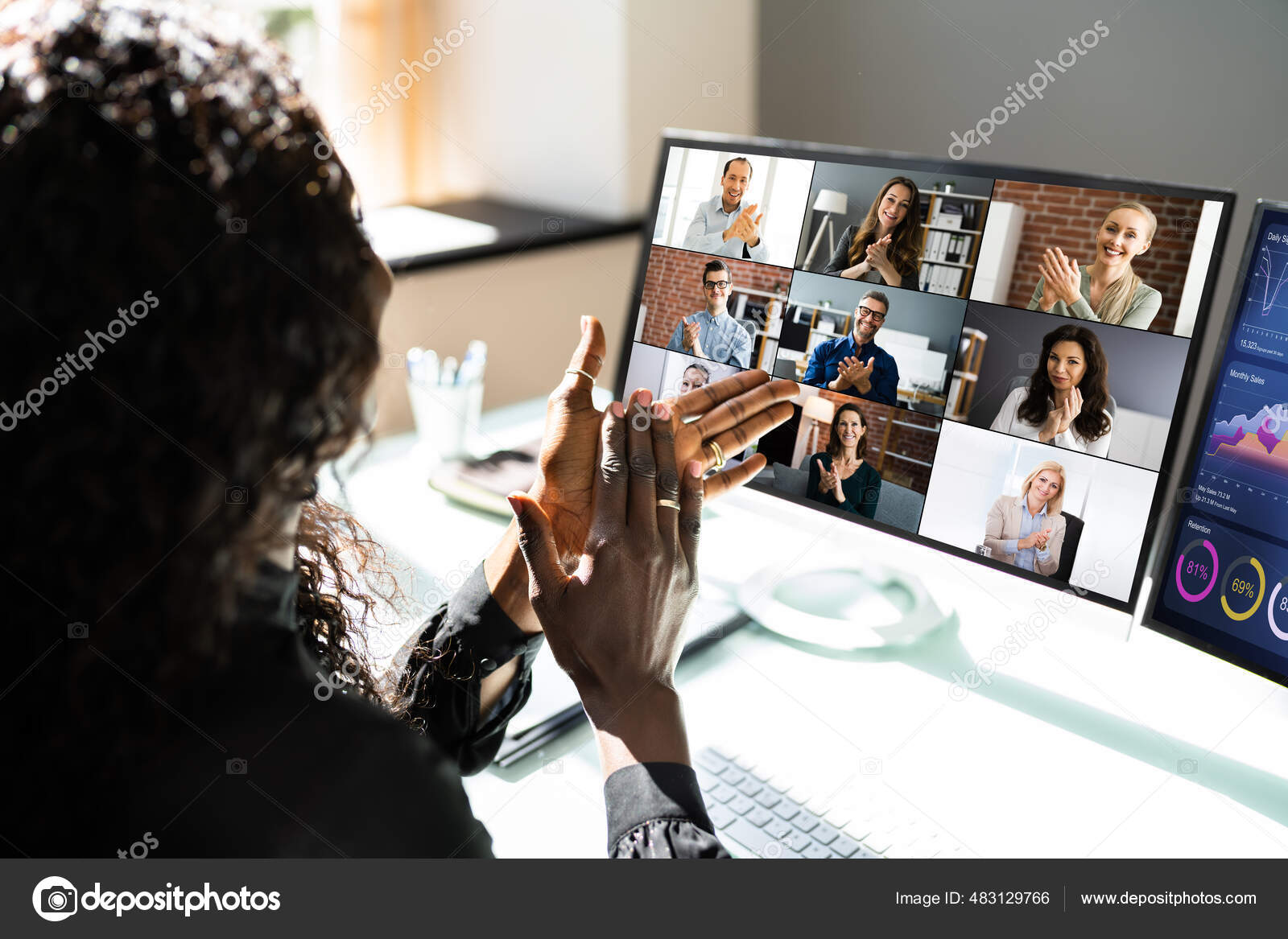African Clapping Virtual Video Conference Call Computer — Stock Photo ...