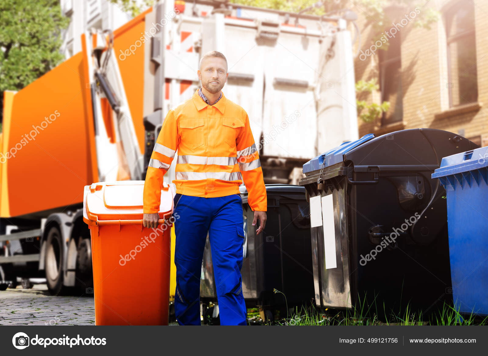 Garbage Removal Man Doing Trash Rubbish Collection — Stock Photo ...