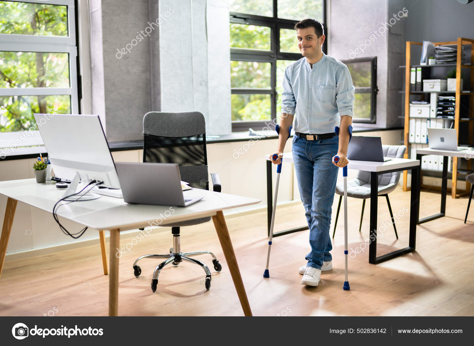 Worker Crutches Workplace Office Handicap Rehabilitation Benefits ...