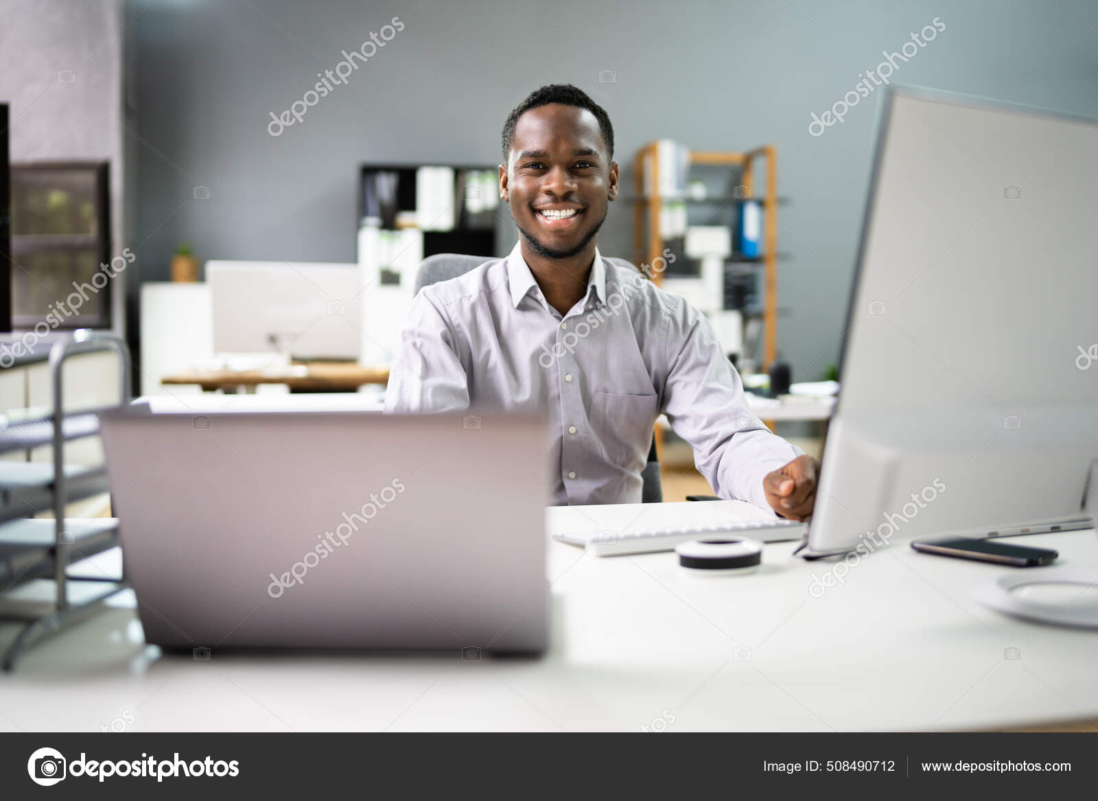Happy Professional Man Employee Using Computer Work Stock Photo by ...