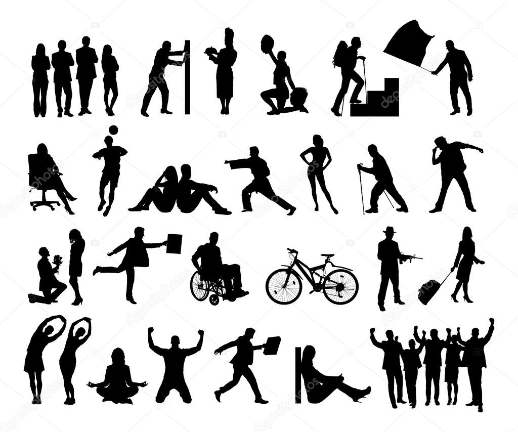 Collage Of Silhouette People Doing Various Activities Stock Vector by ...