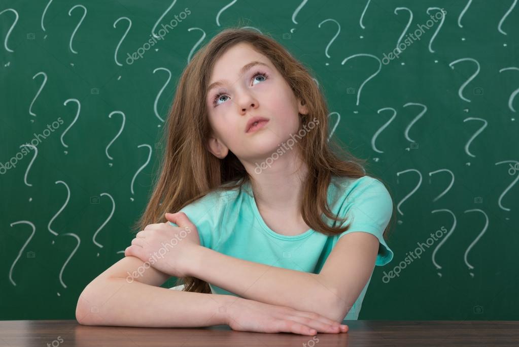 Girl With Question Mark Drawn On The Chalkboard — Stock Photo ...