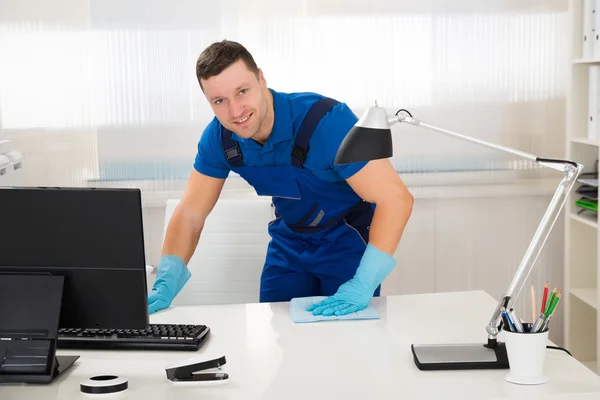 Office Cleaning Service Janitor Spraying Desk Workplace Hygiene — Stock ...