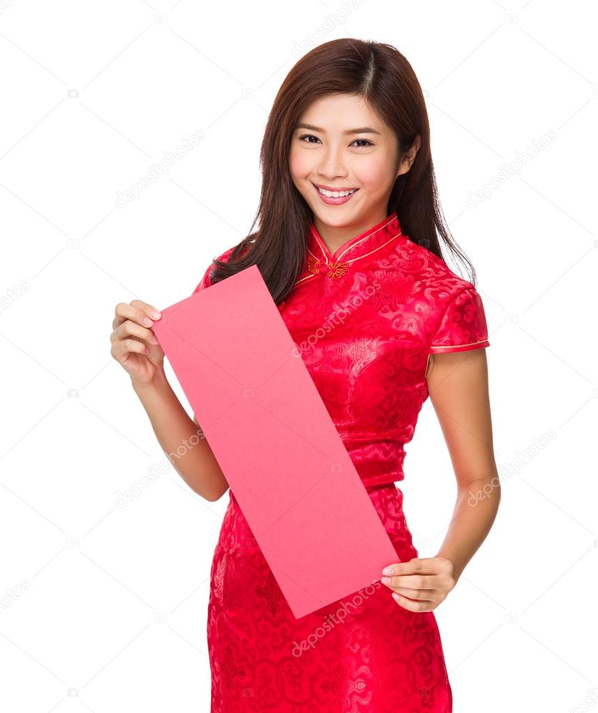 Woman with red banner — Stock Photo © leungchopan #61458075