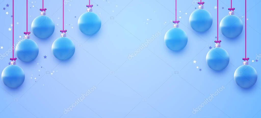 Bolas azules de Navidad colgando de cintas rosas con lazo. Confiti de ...