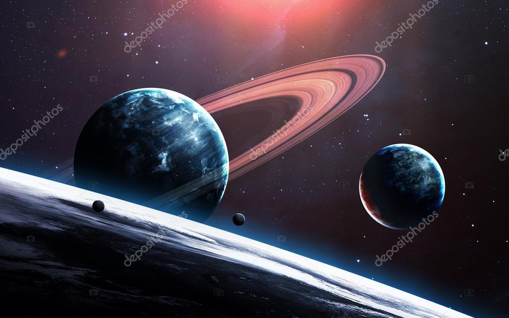 Universe scene with planets, stars and galaxies in outer space showing the beauty of space ...