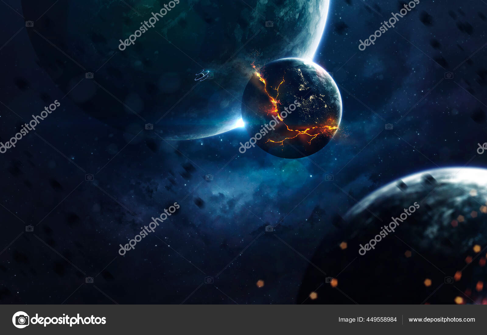 Explosion of planet, science fiction image, dark deep space with giant ...