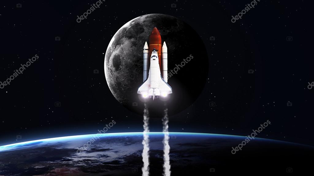 High resolution image of Space shuttle taking off on mission. Elements ...