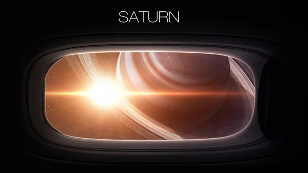 Saturn - Beauty of solar system planet in spaceship window porthole ...