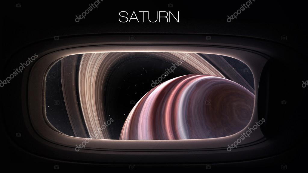Saturn - Beauty of solar system planet in spaceship window porthole ...