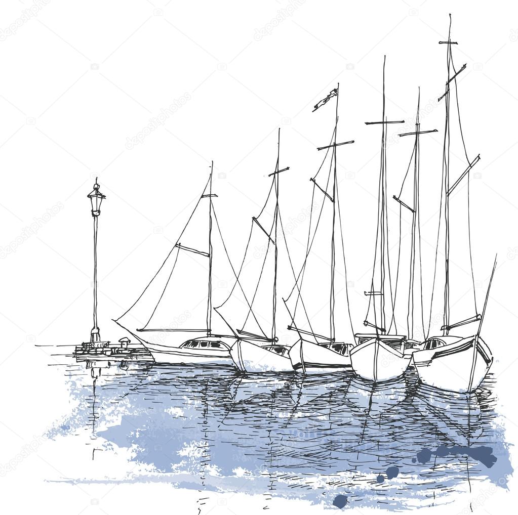 Boats on water, harbor sketch, transportation background Stock Vector ...