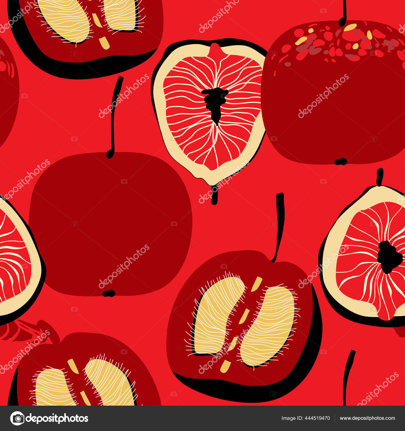 Plum Apple Fig Seamless Pattern Bright Red Color Background Stock ...